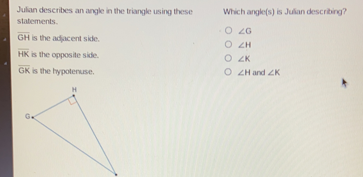 Julian describes an angle in the triangle using these Which angles is ...