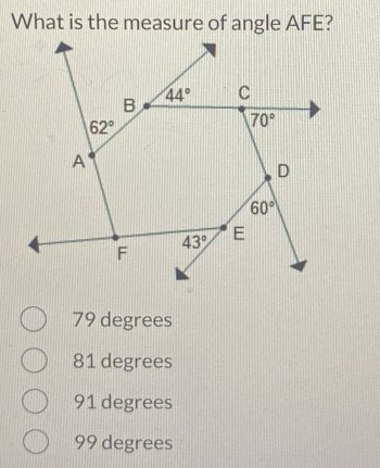 What is the measure of angle AFE? 79 degrees 81 degrees 91 degrees 99 ...